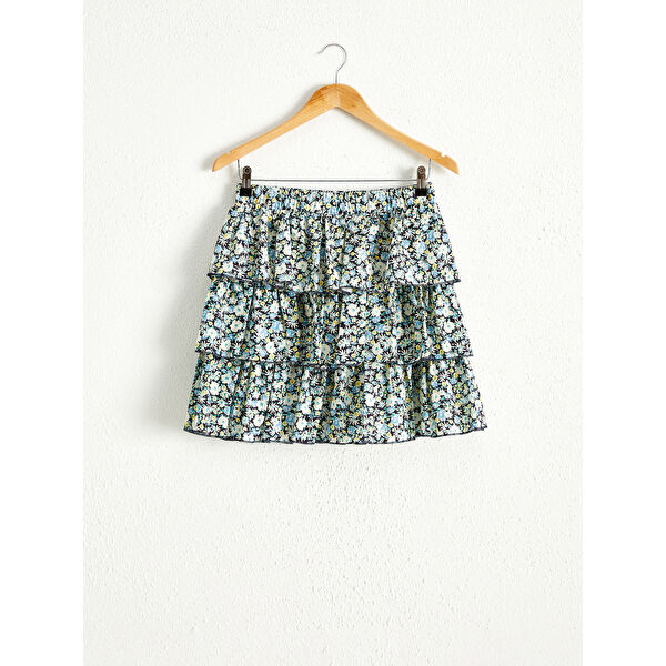 Çiçek Desenli Fırfırlı Kloş Etek