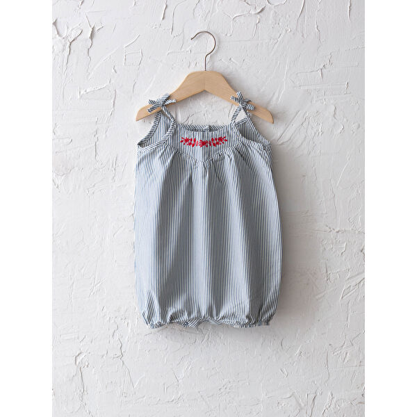 Askılı Çizgili Nakış Detaylı Poplin Kız Bebek Tulum