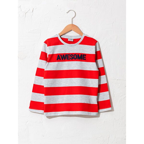 Bisiklet Yaka Çizgili Uzun Kollu Pamuklu Erkek Çocuk Tişört