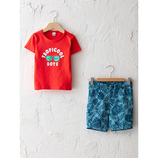 Bisiklet Yaka Kısa Kol Baskılı Pamuklu Tişört ve Şort 2'li