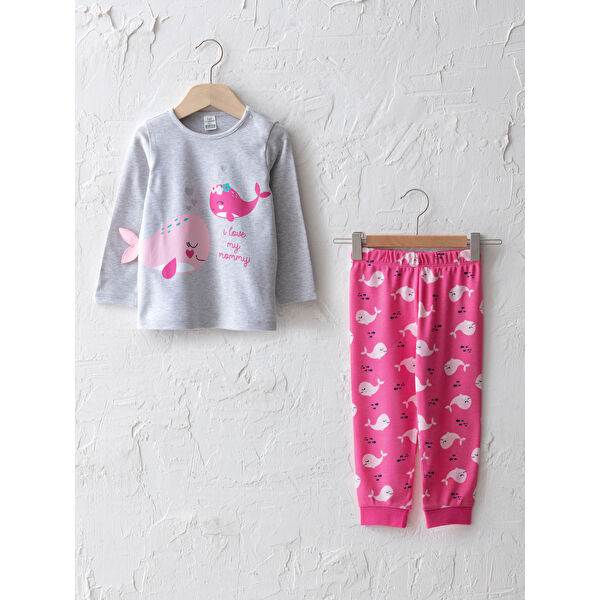 Bisiklet Yaka Uzun Kol Baskılı Pamuklu Kız Bebek Pijama Takımı