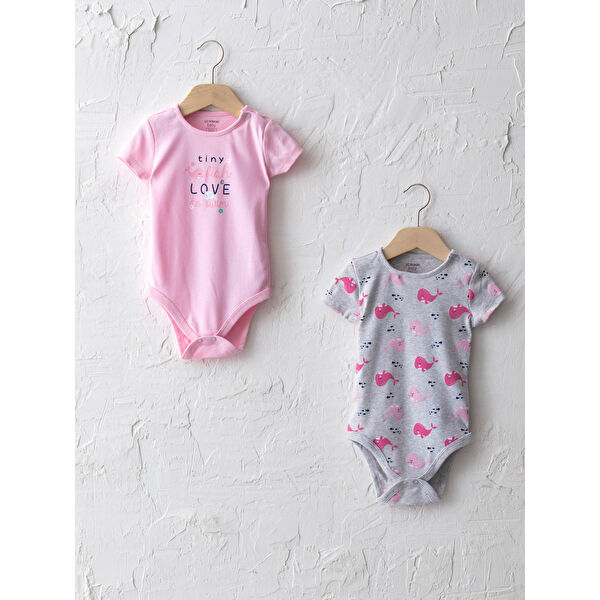 Bisiklet Yaka Kısa Kol Baskılı Pamuklu Kız Bebek Çıtçıtlı Body 2'li