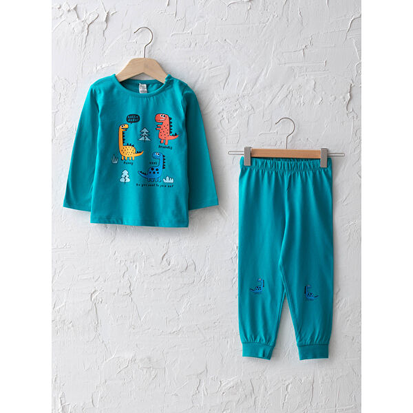 Bisiklet Yaka Uzun Kol Baskılı Pamuklu Erkek Bebek Pijama Takımı