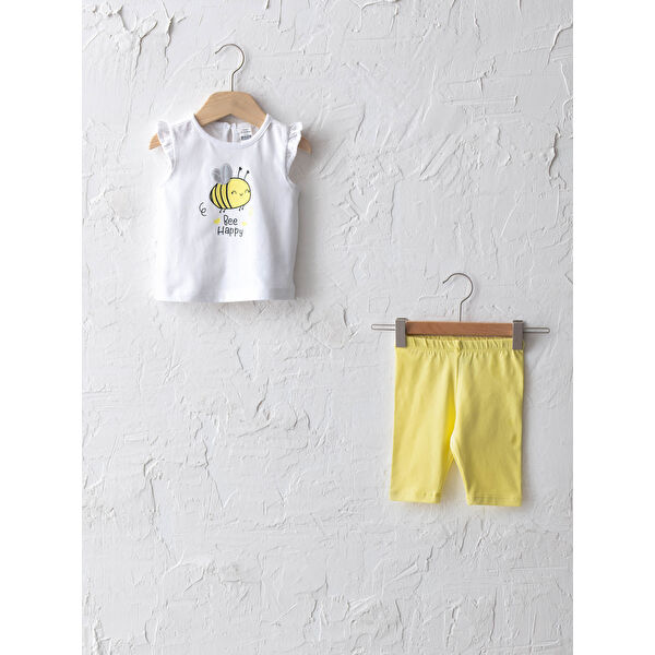 Bisiklet Yaka Kolsuz Baskılı Pamuklu Kız Bebek Tişört ve Şort 2'li Takım