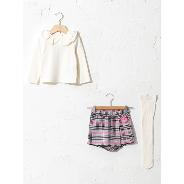 Bisiklet Yaka Uzun Kol Tişört Ekose Şort ve Külotlu Çorap 3'lü Bisiklet Yaka Uzun Kol Tişört Ekose Şort ve Külotlu Çorap 3'lü