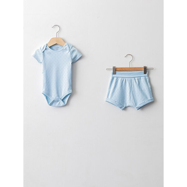Bisiklet Yaka Kısa Kollu Pamuklu Erkek Bebek Çıtçıtlı Body ve Şort 2'li Takım