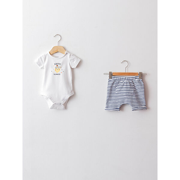 Bisiklet Yaka Kısa Kollu Baskılı Pamuklu Erkek Bebek Çıtçıtlı Body ve Şort 2'li Takım
