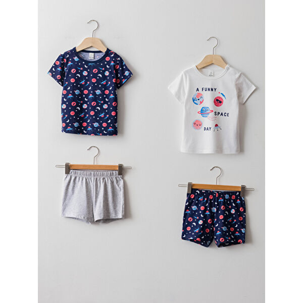 Bisiklet Yaka Kısa Kollu Baskılı Pamuklu Erkek Bebek Pijama Takımı 4'lü