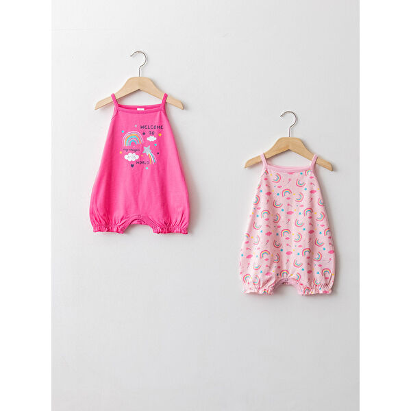 Kare Yaka Askılı Baskılı Pamuklu Kız Bebek Tulum 2'li