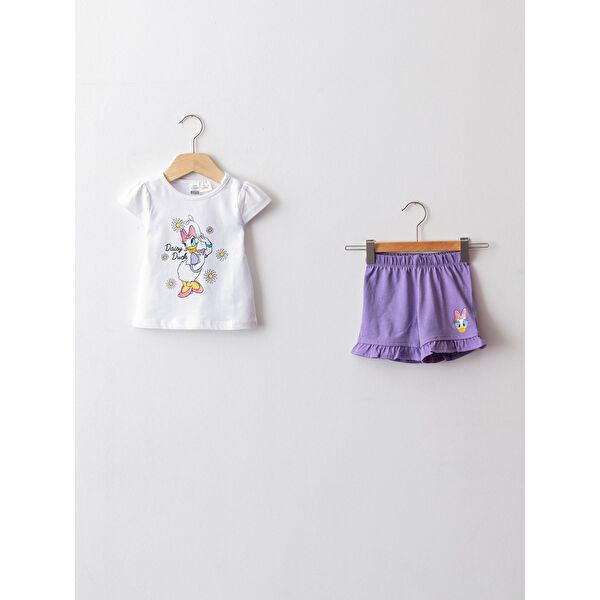 Bisiklet Yaka Kısa Kollu Daisy Duck Baskılı Pamuklu Kız Bebek Pijama Takımı