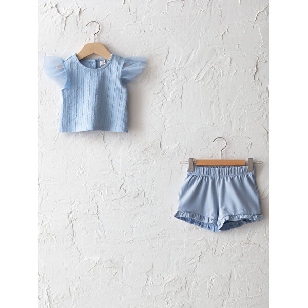 Bisiklet Yaka Tüllü Kısa Kol Kendinden Desenli Tişört ve Şort 2'li