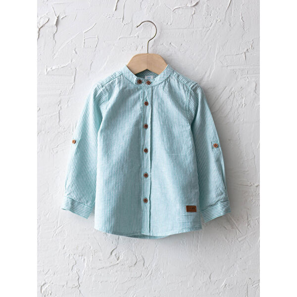 Hakim Yaka Uzun Kollu Çizgili Keten Erkek Bebek Gömlek
