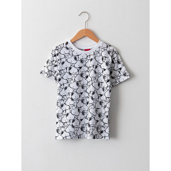 Bisiklet Yaka Snoopy Baskılı Kısa Kollu Pamuklu Erkek Çocuk Tişört