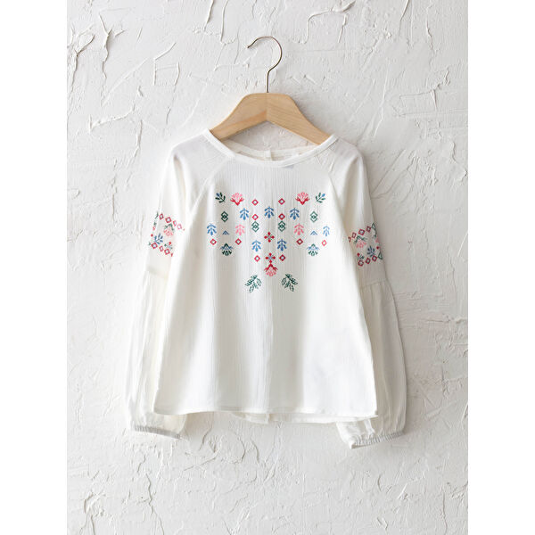 Bisiklet Yaka Uzun Kol Nakışlı Kız Bebek Bluz