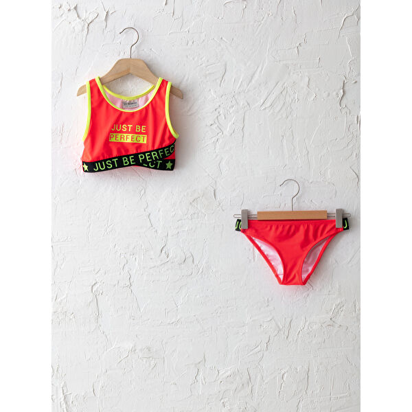 Esnek Kumaş Yazı Baskılı Kız Çocuk Bikini