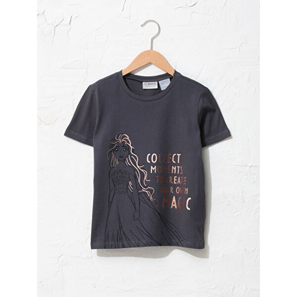 Bisiklet Yaka Elsa Baskılı Kısa Kollu Kız Çocuk Tişört