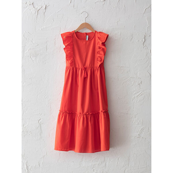 Bisiklet Yaka Fırfır Detaylı Kız Çocuk Poplin Elbise