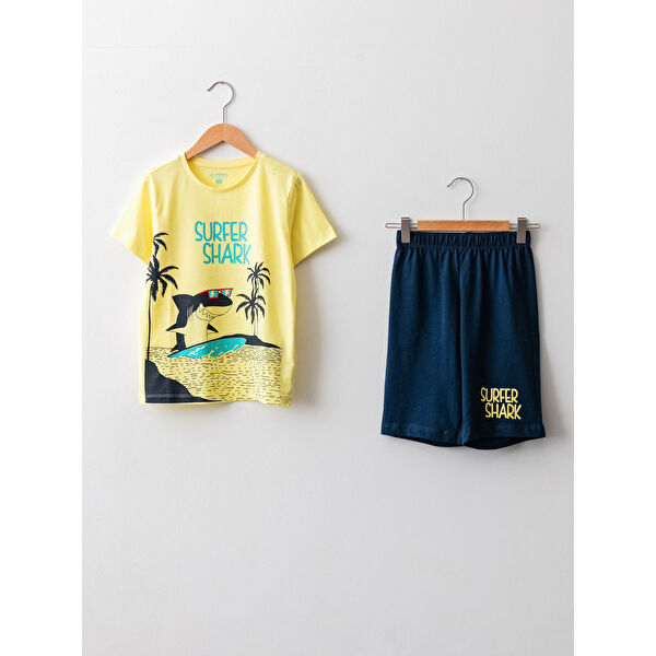 Bisiklet Yaka Baskılı Kısa Kollu Pamuklu Erkek Çocuk Şortlu Pijama Takımı