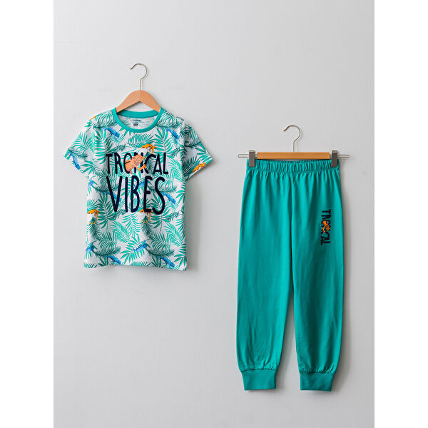 Bisiklet Yaka Baskılı Kısa Kollu Pamuklu Erkek Çocuk Pijama Takımı