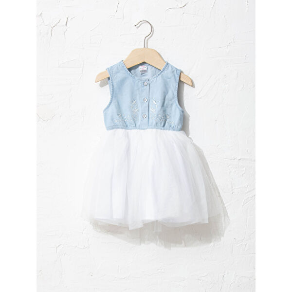 LCW GREEN Bisiklet Yaka Kolsuz Kız Bebek Tül Etekli Jean Elbise
