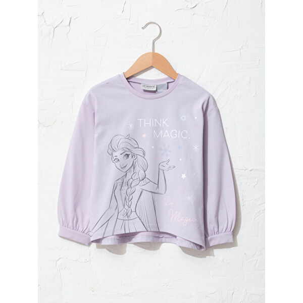 Bisiklet Yaka Elsa Baskılı Uzun Kollu Kız Çocuk Tişört