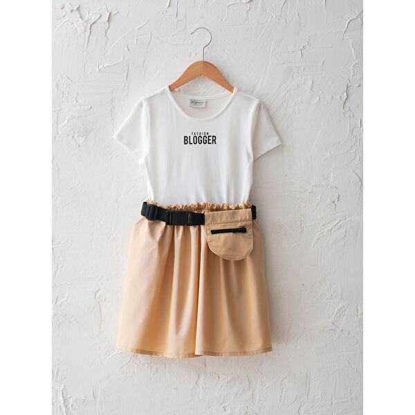 Bisiklet Yaka Kısa Kollu Kız Çocuk Elbise ve Çanta