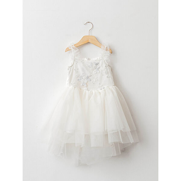 Kare Yaka Nakışlı Askılı Kız Çocuk Tütü Elbise