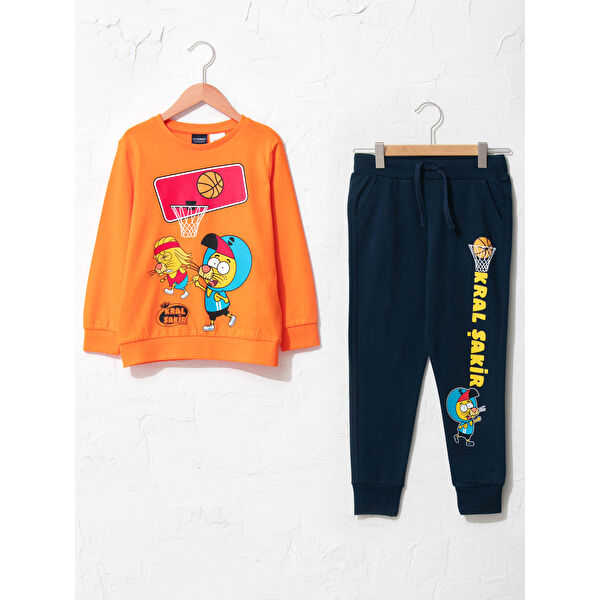 Bisiklet Yaka Kral Şakir Baskılı Uzun Kollu Erkek Çocuk Sweatshirt ve Eşofman Altı