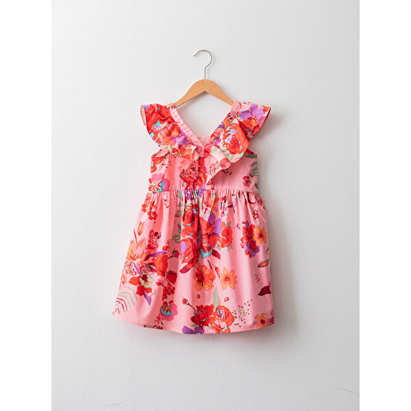 V Yaka Çiçek Desenli Fırfır Detaylı Poplin Kız Çocuk Elbise