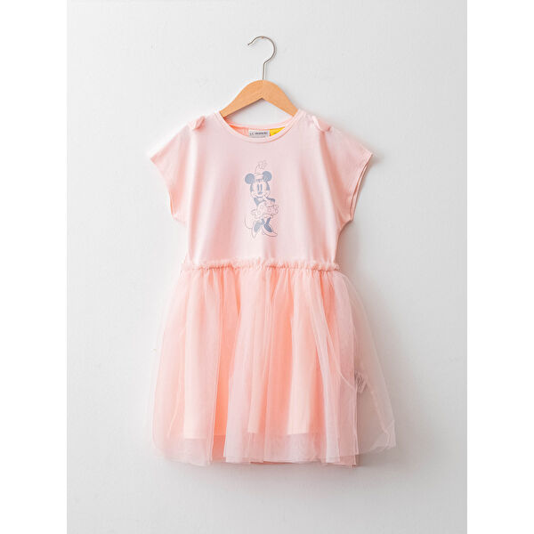 Bisiklet Yaka Minnie Mouse Baskılı Kısa Kollu Tüllü Kız Çocuk Elbise ve Pelerin