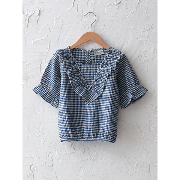 Bisiklet Yaka Fırfır Detaylı Kısa Kollu Poplin Kız Çocuk Bluz