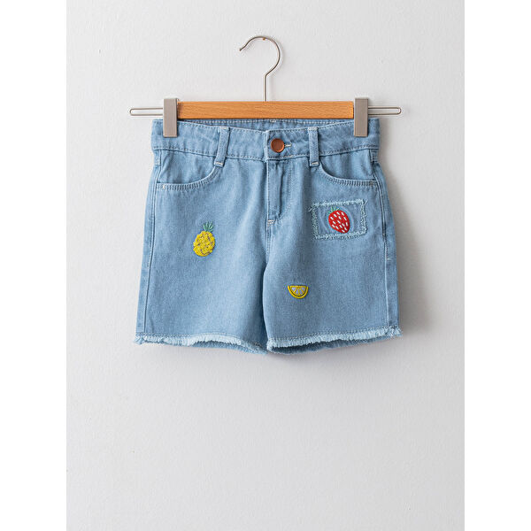 Aplike Nakışlı Pamuklu Kız Çocuk Jean Şort Aplike Nakışlı Pamuklu Kız Çocuk Jean Şort