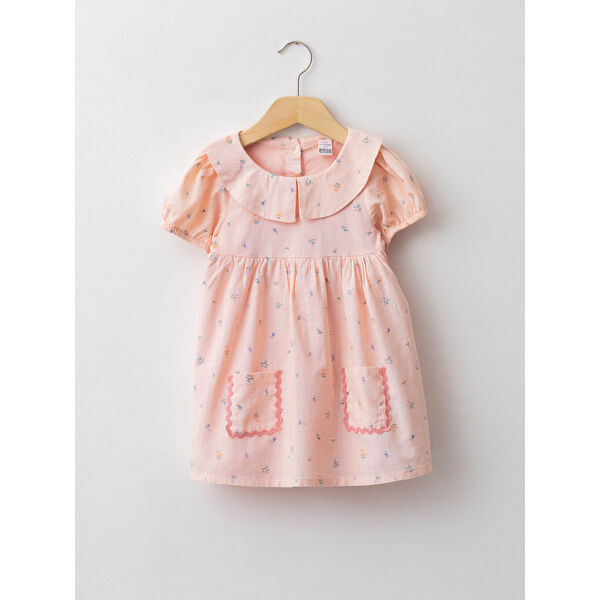Bebe Yaka Kısa Kollu Desenli Pamuklu Kız Bebek Elbise