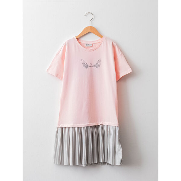 Bisiklet Yaka Baskılı Kısa Kollu Pileli Kız Çocuk Elbise Bisiklet Yaka Baskılı Kısa Kollu Pileli Kız Çocuk Elbise