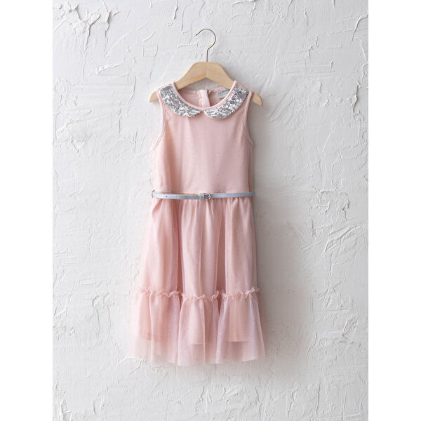 Basic Yakası Pul İşlemeli Kız Çocuk Tüllü Elbise ve Kemer