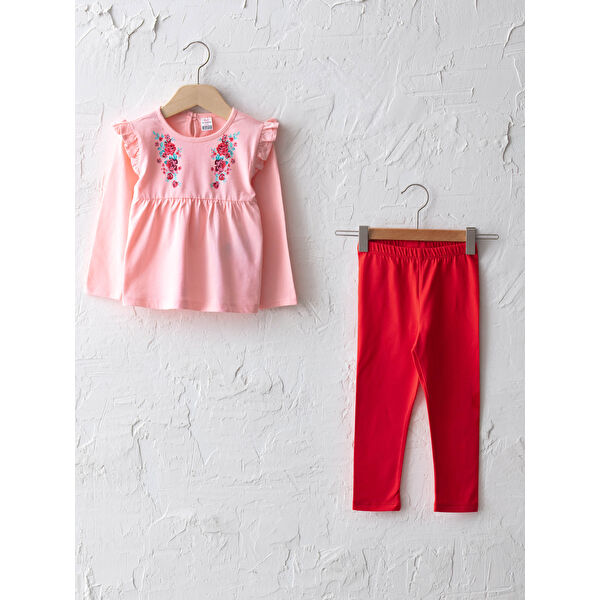 Çiçek Baskılı Bisiklet Yaka Uzun Kollu Pamuklu Kız Bebek Tişört ve Uzun Tayt 2'li Takım