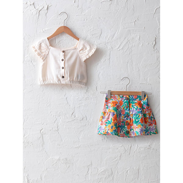 Kare Yaka Kısa Kollu Pamuklu Bluz ve Etek 2'li Takım Kare Yaka Kısa Kollu Pamuklu Bluz ve Etek 2'li Takım