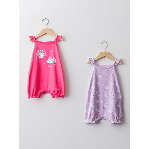 Bisiklet Yaka Askılı Baskılı Pamuklu Kız Bebek Tulum 2'li