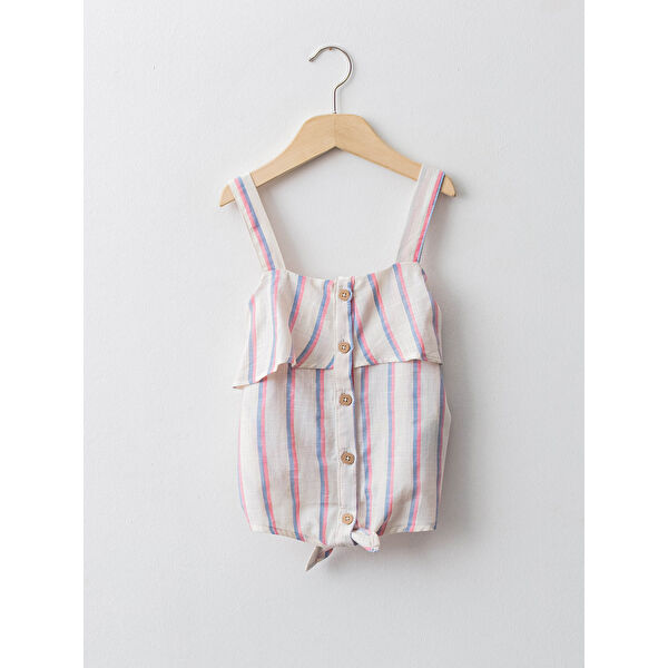 Kare Yaka Çizgili Askılı Poplin Kız Çocuk Bluz