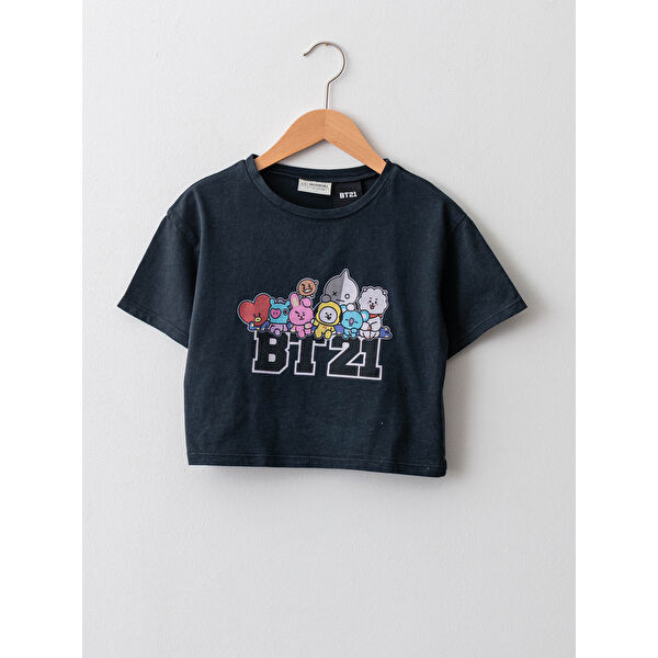 Bisiklet Yaka BT21 Baskılı Kısa Kollu Pamuklu Kız Çocuk Tişört