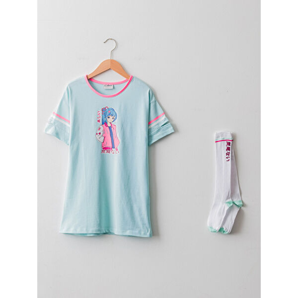 Bisiklet Yaka Baskılı Kısa Kollu Kız Çocuk Elbise ve Diz Altı Çorap