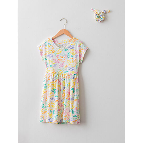 Bisiklet Yaka Desenli Kısa Kollu Viskon Kız Çocuk Elbise ve Toka