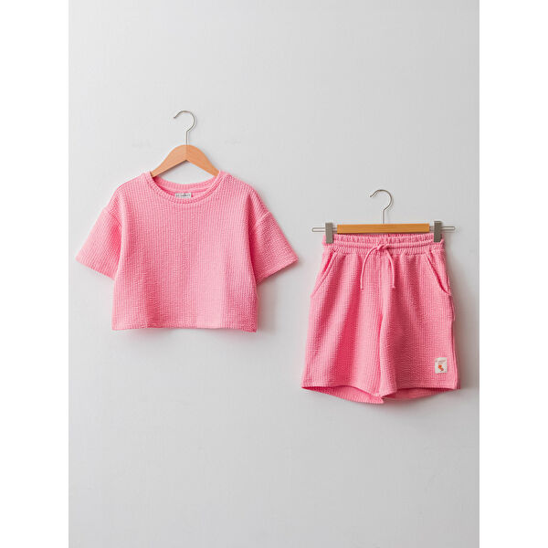 Bisiklet Yaka Kendinden Desenli Kısa Kollu Kız Çocuk Tişört ve Şort