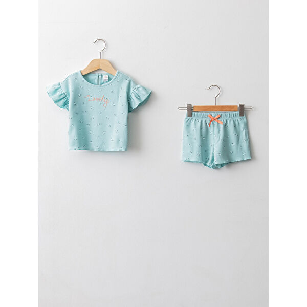 Bisiklet Yaka Kısa Kollu Baskılı Kız Bebek Tişört ve Şort 2'li Takım