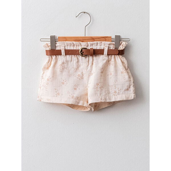 Beli Lastikli Baskılı Kız Bebek Şort ve Kemer 2'li Takım