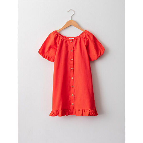 Kayık Yaka Basic Balon Kol Poplin Kız Çocuk Elbise