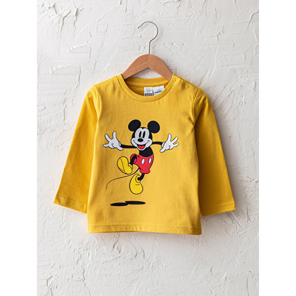 Bisiklet Yaka Uzun Kollu Mickey Mouse Baskılı Pamuklu Erkek Bebek Tişört Bisiklet Yaka Uzun Kollu Mickey Mouse Baskılı Pamuklu Erkek Bebek Tişört