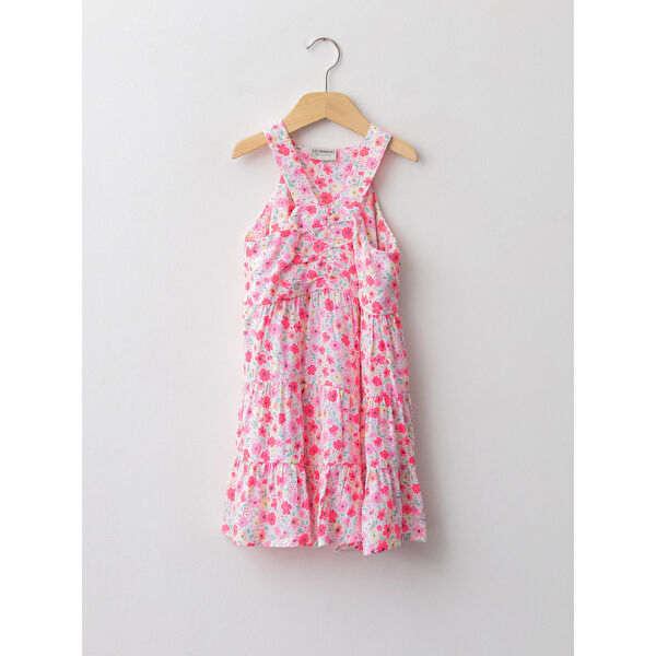 V Yaka Desenli Askılı Viskon Kız Çocuk Elbise