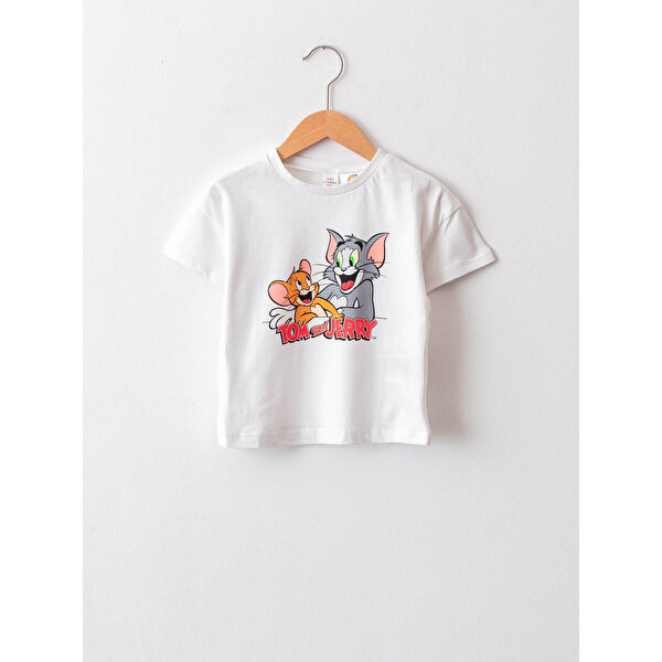 Bisiklet Yaka Kısa Kollu Tom ve Jerry Baskılı Pamuklu Kız Bebek Tişört Bisiklet Yaka Kısa Kollu Tom ve Jerry Baskılı Pamuklu Kız Bebek Tişört