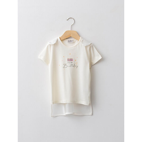 Bisiklet Yaka Baskılı Kısa Kollu Kız Çocuk Tişört ve Pelerin